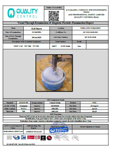 SLB BASRA WIRELINE CERTIFICATE NO QC-SLB-24256-15 DATE OF INSPECTION 14 ...