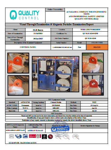 SLB BASRA WIRELINE CERTIFICATE NO QC-SLB-24256-18 DATE OF INSPECTION 14 ...