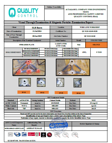 SLB BASRA WIRELINE CERTIFICATE NO QC-SLB-24256-23 DATE OF INSPECTION 14 ...