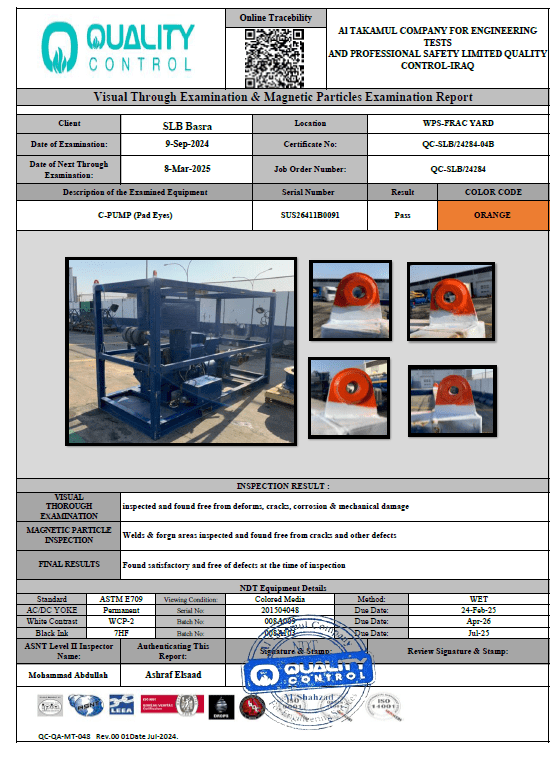 SLB BASRA Certificate No: QC-SLB/24284-04 Date Of Inspection: 9/Sep ...