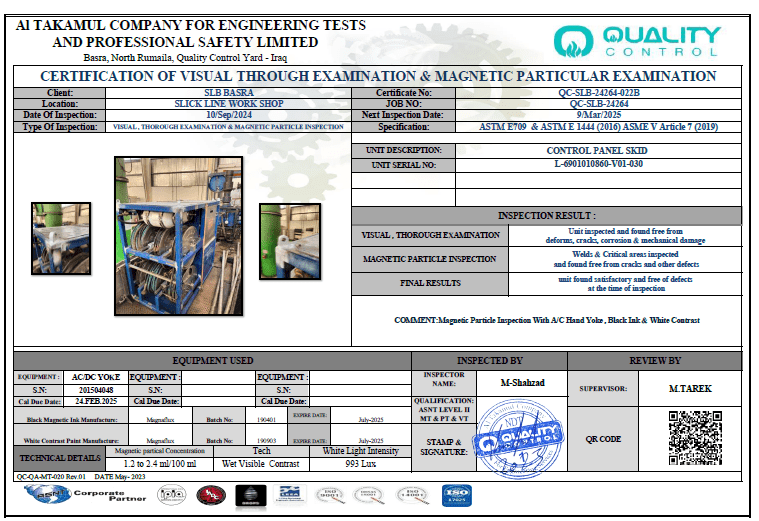 SLB BASRA SLICKLINE CERTIFICATE NO QC-SLB-24264-22A & B DATE OF ...