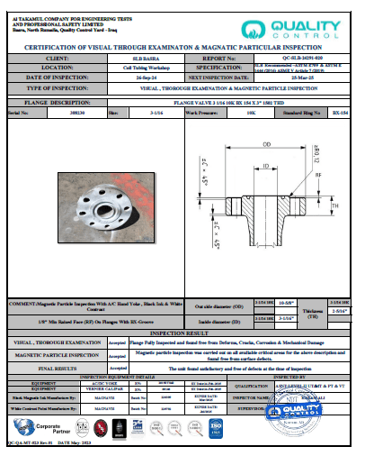 SLB BASRA COILTUBING CERTIFICATE NO QC-SLB-24291-020 DATE OF INSPECTION ...