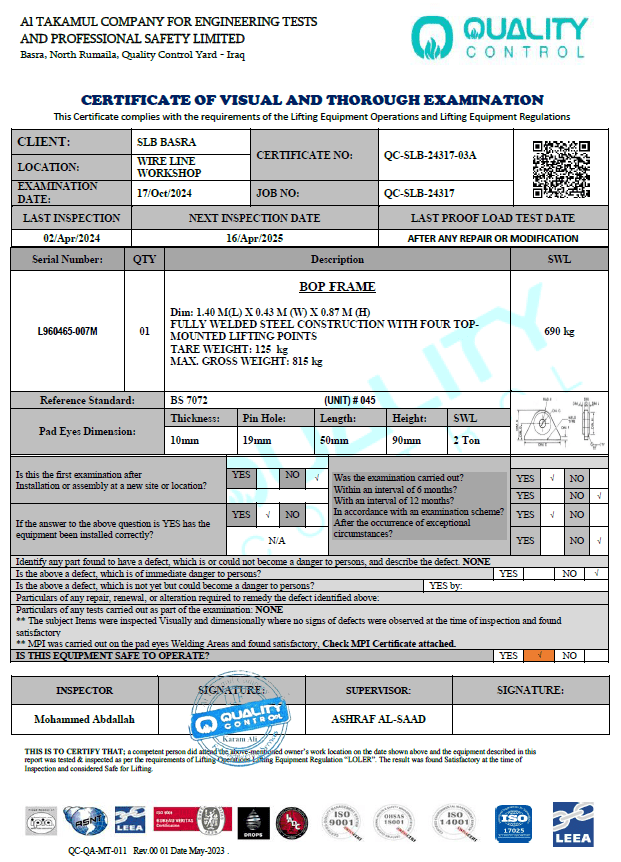 SLB BASRA WIRE LINE UNIT 45 CERTIFICATE QC-SLB-24317-03 INSPECTION DATE ...