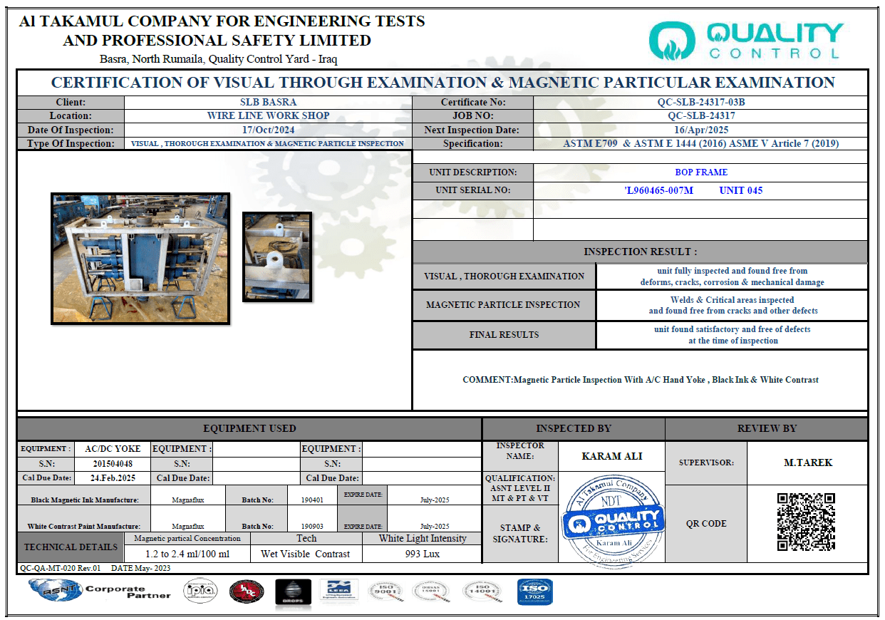SLB BASRA WIRE LINE UNIT 45 CERTIFICATE QC-SLB-24317-03 INSPECTION DATE ...