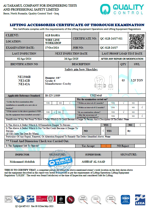 SLB BASRA WIRE LINE UNIT 45 CERTIFICATE QC-SLB-24317-011 INSPECTION ...