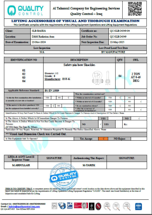 SLB BASRA D&M Certificate No: QC-SLB/24349-04 Date Of Inspection: 23 ...