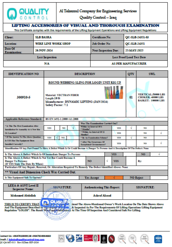 SLB BASRA WIRELINE CERTIFICATE NO QC-SLB-24351-10 DATE OF INSPECTION 26 ...