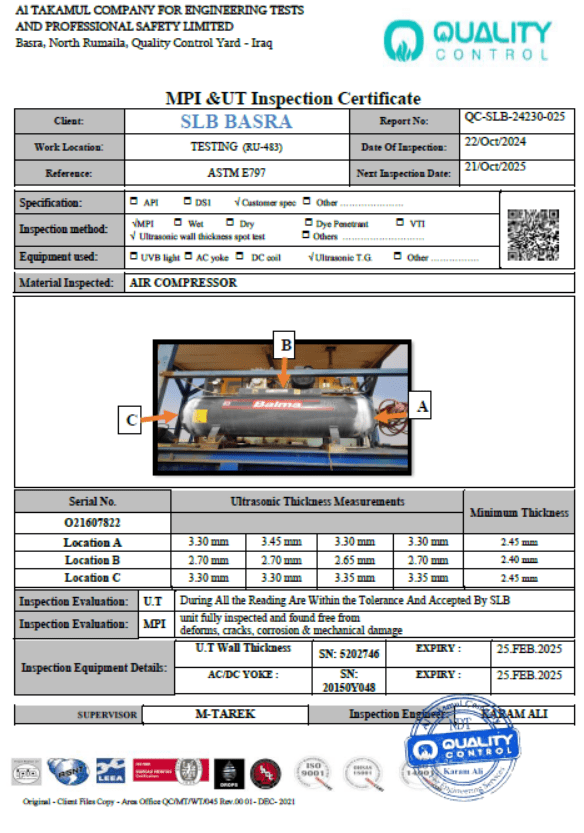 SLB BASRA Testing Certificate No: QC-SLB-24230-025 Date of Examination ...