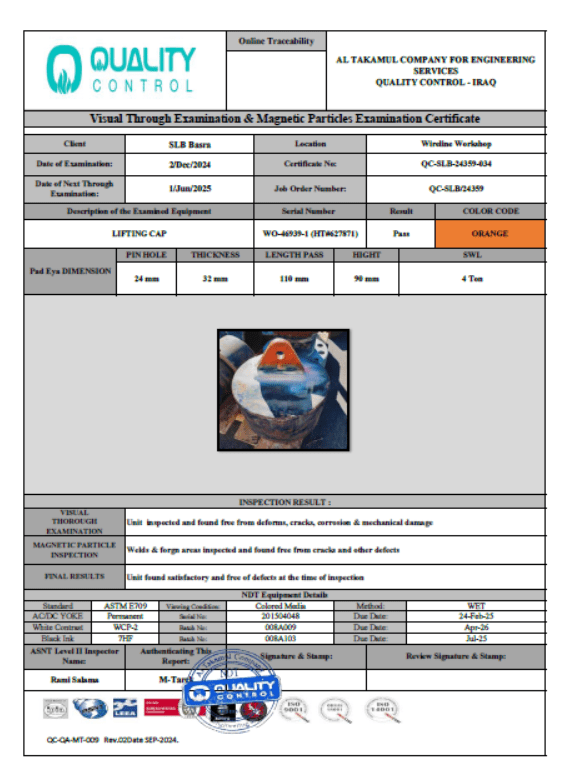 SLB BASRA WIRELINE CERTIFICATE NO QC-SLB-24359-034 DATE OF INSPECTION ...