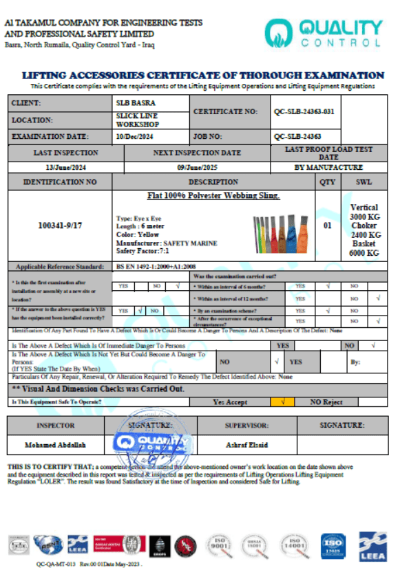 SLB BASRA SLICKLINE CERTIFICATE NO QC-SLB-24363-031 DATE OF INSPECTION ...