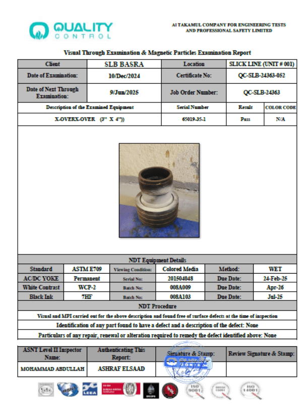 SLB BASRA SLICKLINE CERTIFICATE NO QC-SLB-24363-052 DATE OF INSPECTION ...