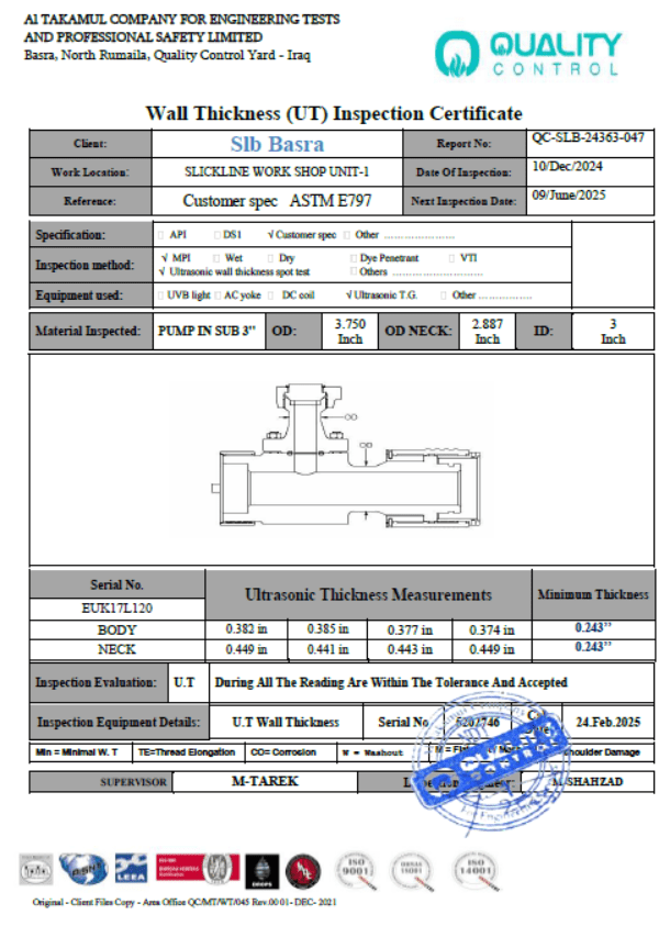 SLB BASRA SLICKLINE CERTIFICATE NO QC-SLB-24363-047 DATE OF INSPECTION ...