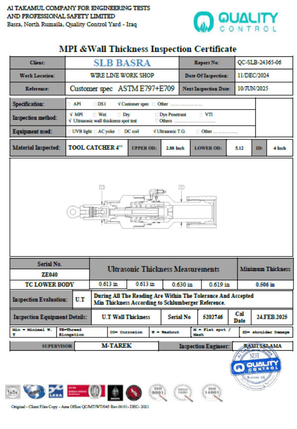 SLB BASRA WIRELINE-PCE CERTIFICATE NO QC-SLB-24365-06 DATE OF ...