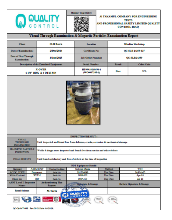 SLB BASRA WIRELINE CERTIFICATE NO QC-SLB-24359-027 DATE OF INSPECTION ...