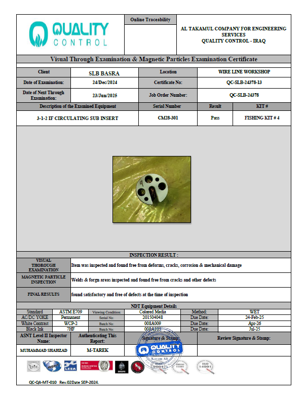 SLB BASRA WIRELINE CERTIFICATE NO QC-SLB-24378-13 DATE OF INSPECTION 23 ...
