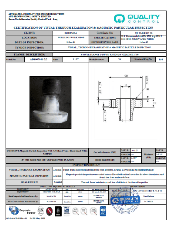 SLB BASRA WIRELINE CERTIFICATE NO QC-SLB-24359-06 DATE OF INSPECTION 02 ...