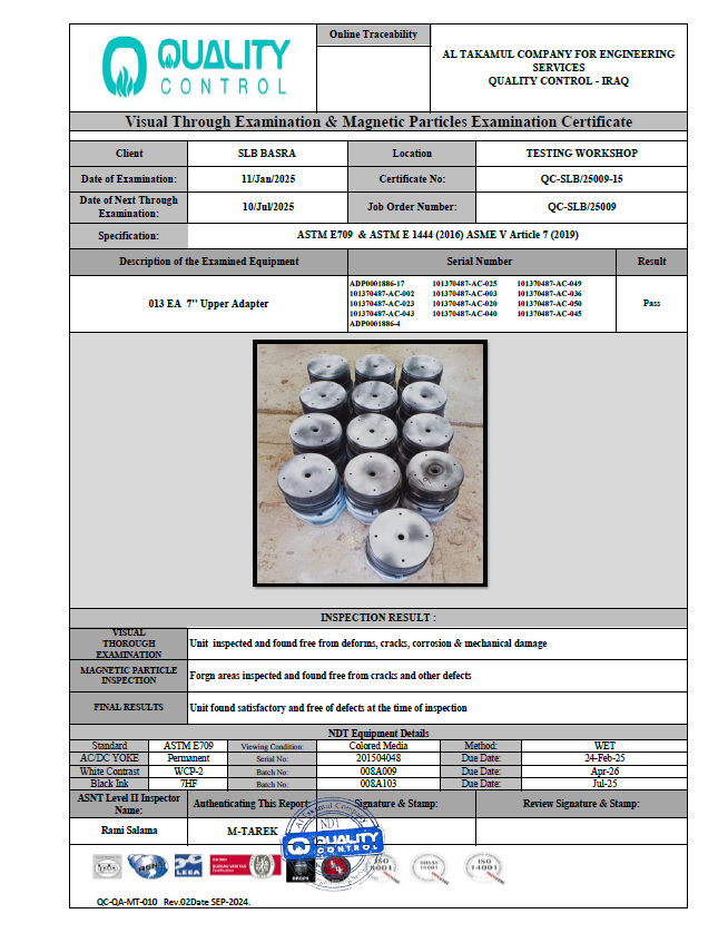 SLB BASRA TESTING CERTIFICATE NO QC-SLB-25009-15 DATE OF INSPECTION 11 ...