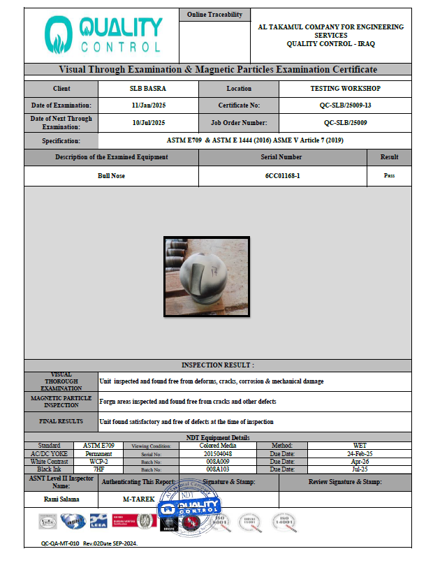 SLB BASRA TESTING CERTIFICATE NO QC-SLB-25009-13 DATE OF INSPECTION 11 ...