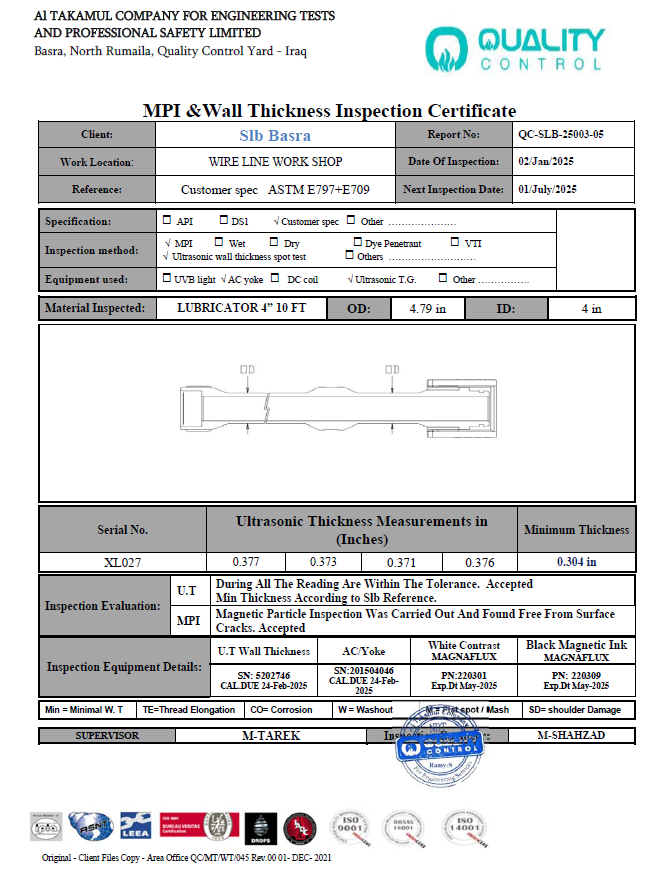 SLB BASRA WIRE LINE CERTIFICATE NO QC-SLB-25003-05 INSPECTION DATE 02 ...