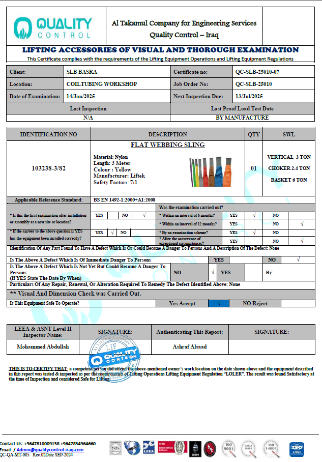 SLB BASRA COILTUBING CERTIFICATE NO QC-SLB-25010-07 DATE OF INSPECTION ...