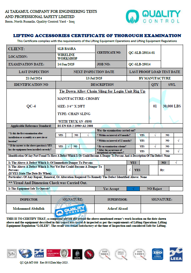 SLB BASRA WIRELINE CERTIFICATE NO QC-SLB-25014-01 DATE OF INSPECTION 14 ...