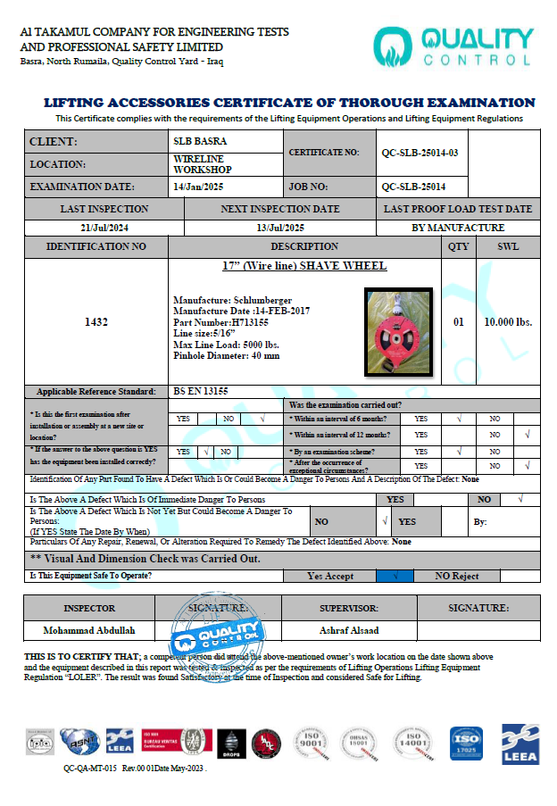 SLB BASRA WIRELINE CERTIFICATE NO QC-SLB-25014-03 DATE OF INSPECTION 14 ...