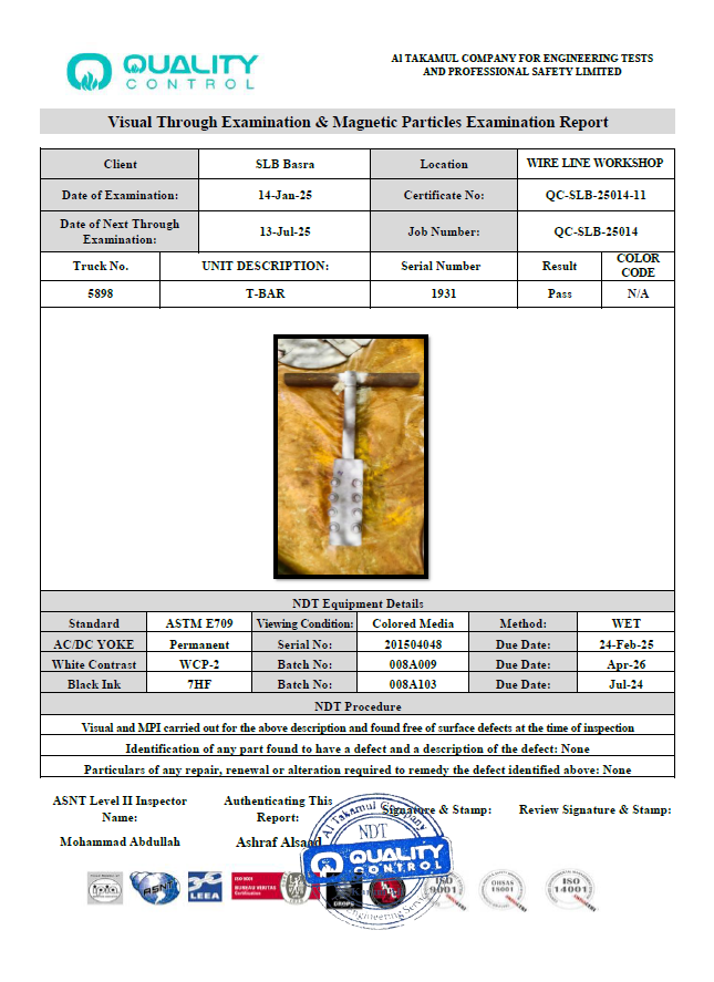 SLB BASRA WIRELINE CERTIFICATE NO QC-SLB-25014-11 DATE OF INSPECTION 14 ...