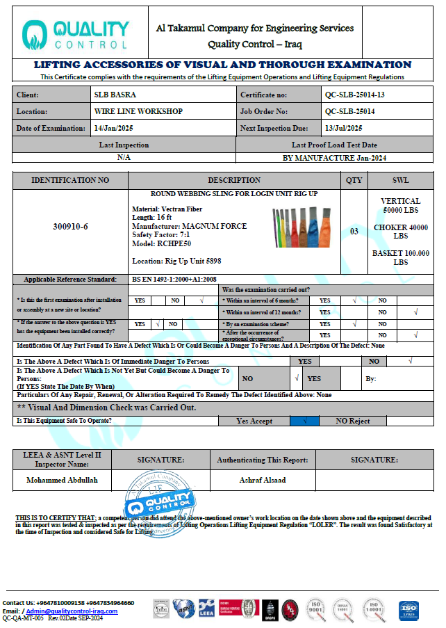 SLB BASRA WIRELINE CERTIFICATE NO QC-SLB-25014-13 DATE OF INSPECTION 14 ...