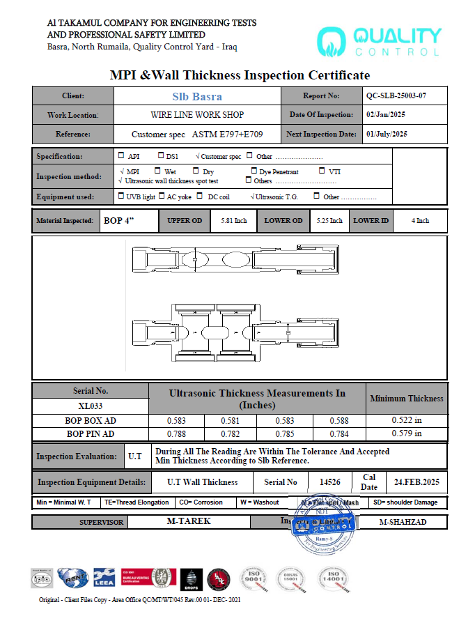 SLB BASRA WIRE LINE CERTIFICATE NO QC-SLB-25003-07 INSPECTION DATE 02 ...