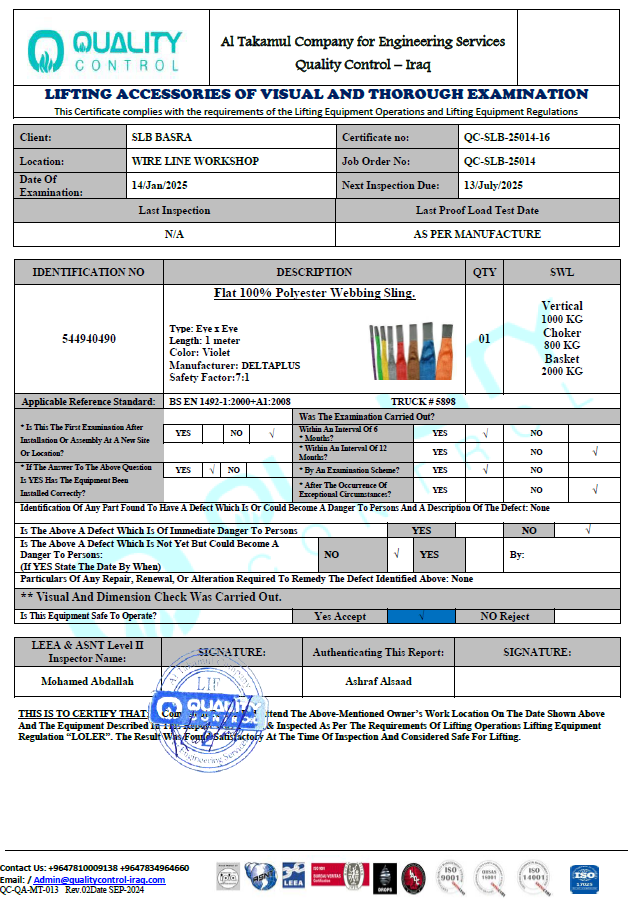 SLB BASRA WIRELINE CERTIFICATE NO QC-SLB-25014-16 DATE OF INSPECTION 14 ...