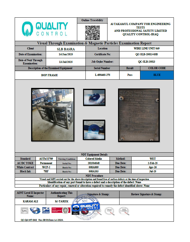 SLB BASRA WIRELINE CERTIFICATE NO QC-SLB-25013-03A B DATE OF INSPECTION ...