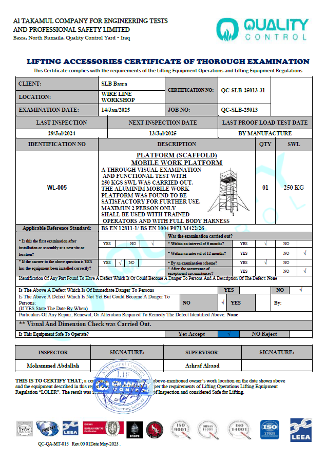 SLB BASRA WIRELINE CERTIFICATE NO QC-SLB-25013-31 DATE OF INSPECTION 14 ...