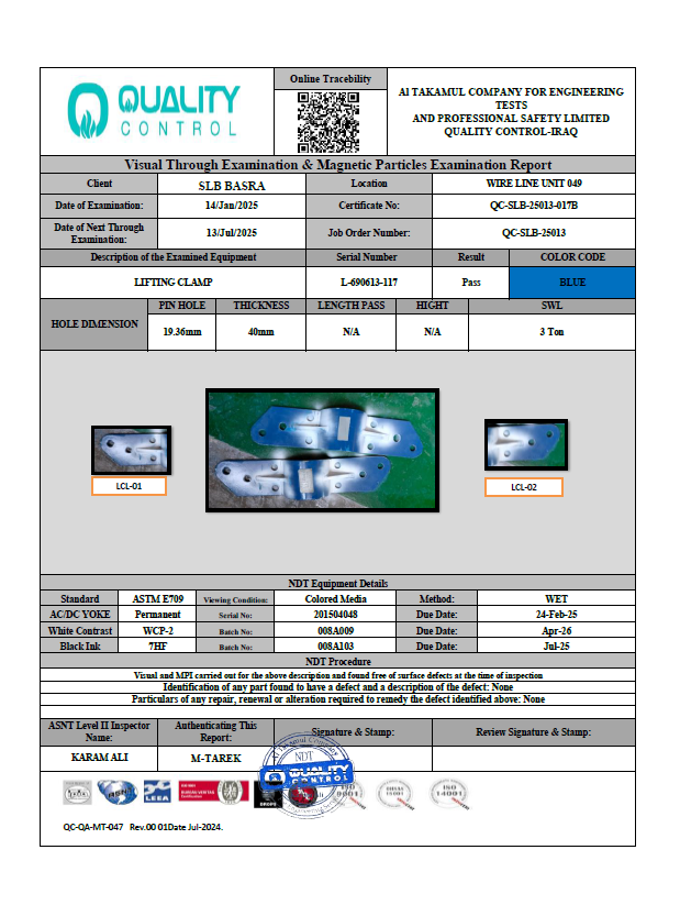 SLB BASRA WIRELINE CERTIFICATE NO QC-SLB-25013-17A B DATE OF INSPECTION ...