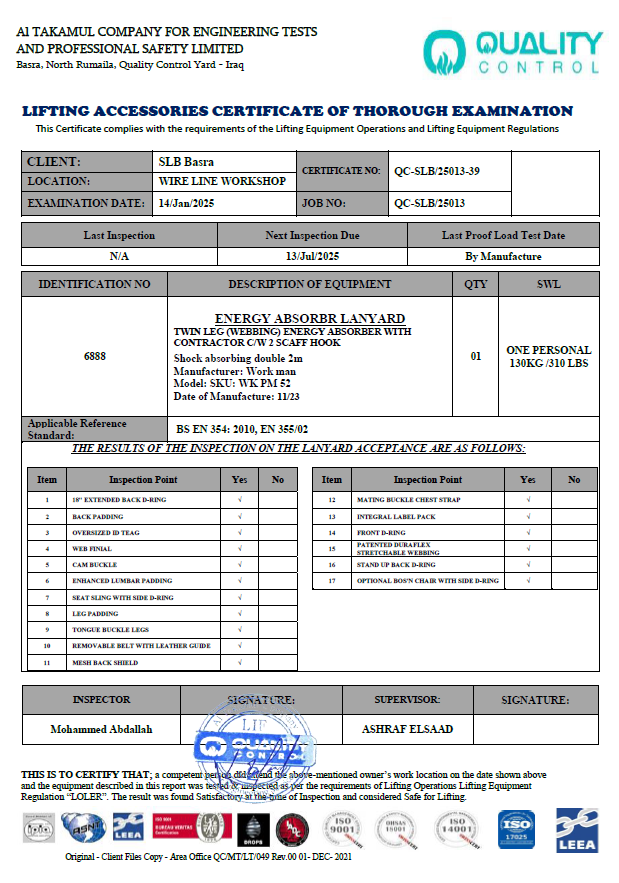 SLB BASRA WIRELINE CERTIFICATE NO QC-SLB-25013-39 DATE OF INSPECTION 14 ...