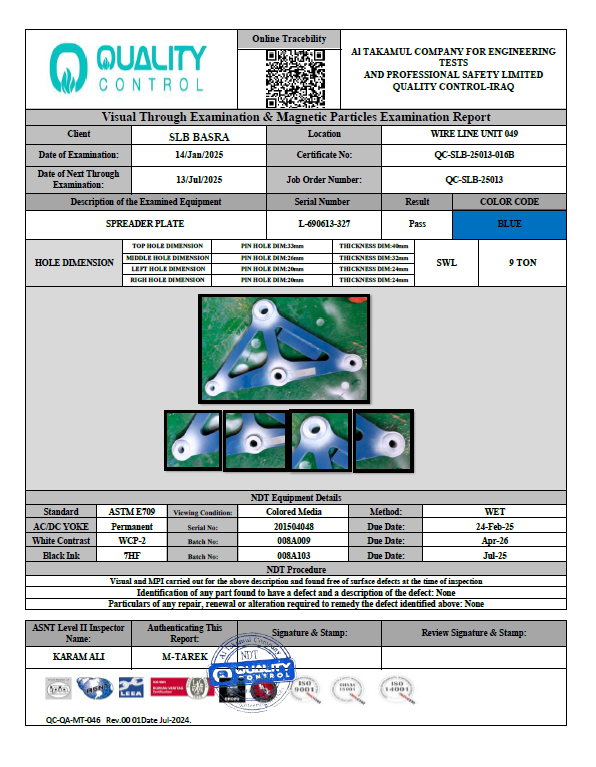 SLB BASRA WIRELINE CERTIFICATE NO QC-SLB-25013-16A B DATE OF INSPECTION ...