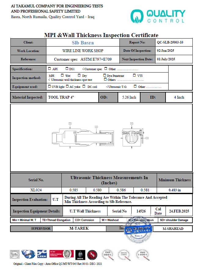 SLB BASRA WIRE LINE CERTIFICATE NO QC-SLB-25003-10 INSPECTION DATE 02 ...