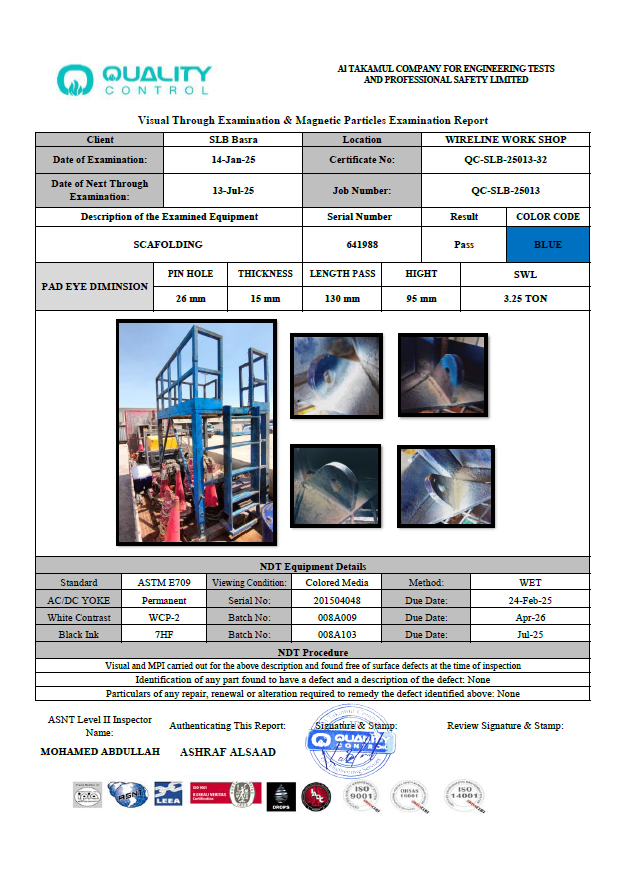 SLB BASRA WIRELINE CERTIFICATE NO QC-SLB-25013-32 DATE OF INSPECTION 14 ...