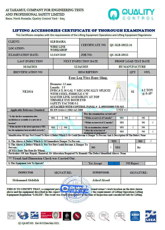 SLB BASRA SLICKLINE CERTIFICATE NO QC-SLB-25012-34 DATE OF INSPECTION ...