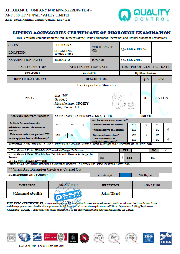 SLB BASRA SLICKLINE CERTIFICATE NO QC-SLB-25012-35 DATE OF INSPECTION ...