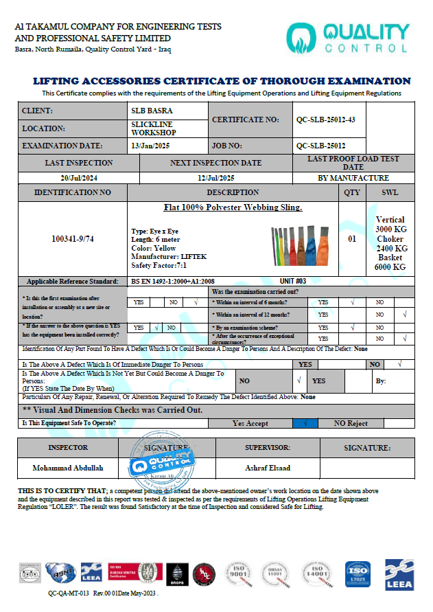 SLB BASRA SLICKLINE CERTIFICATE NO QC-SLB-25012-43 DATE OF INSPECTION ...