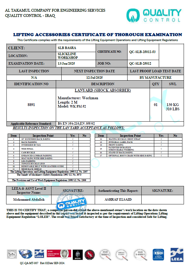 SLB BASRA SLICKLINE CERTIFICATE NO QC-SLB-25012-53 DATE OF INSPECTION ...