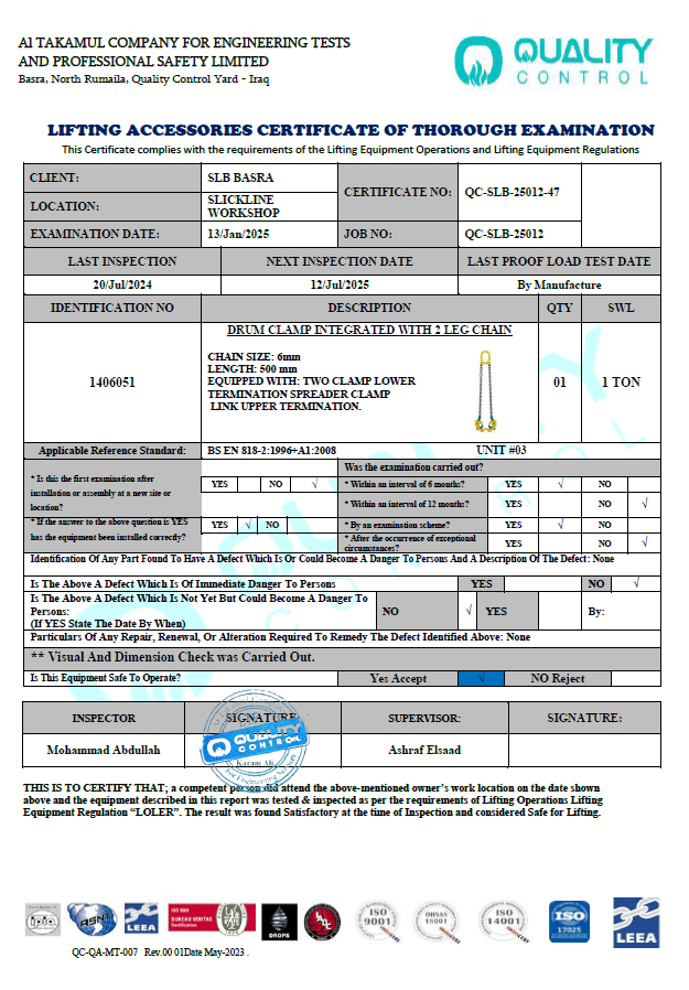 SLB BASRA SLICKLINE CERTIFICATE NO QC-SLB-25012-47 DATE OF INSPECTION ...
