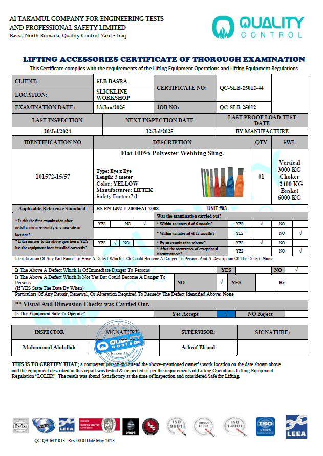 SLB BASRA SLICKLINE CERTIFICATE NO QC-SLB-25012-44 DATE OF INSPECTION ...