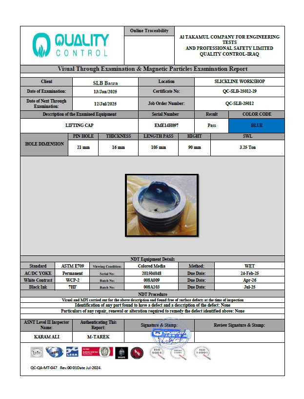 SLB BASRA SLICKLINE CERTIFICATE NO QC-SLB-25012-29 DATE OF INSPECTION ...