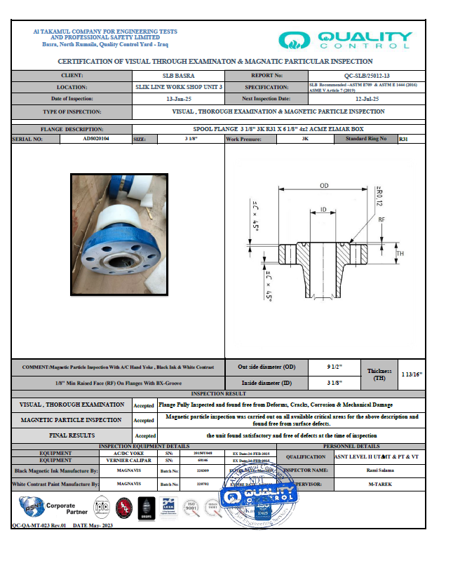 SLB BASRA SLICKLINE CERTIFICATE NO QC-SLB-25012-13 DATE OF INSPECTION ...