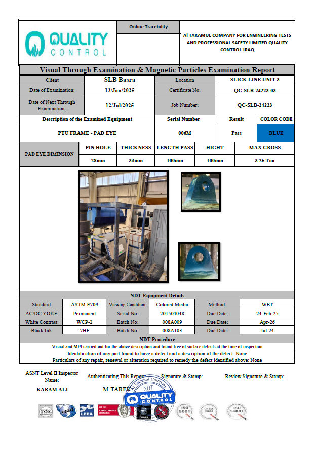 SLB BASRA SLICKLINE CERTIFICATE NO QC-SLB-25012-03 DATE OF INSPECTION ...