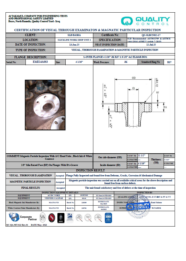 SLB BASRA SLICKLINE CERTIFICATE NO QC-SLB-25012-17 DATE OF INSPECTION ...