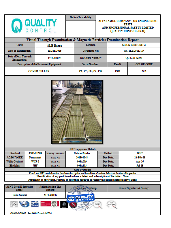 SLB BASRA SLICKLINE CERTIFICATE NO QC-SLB-25012-19 DATE OF INSPECTION ...