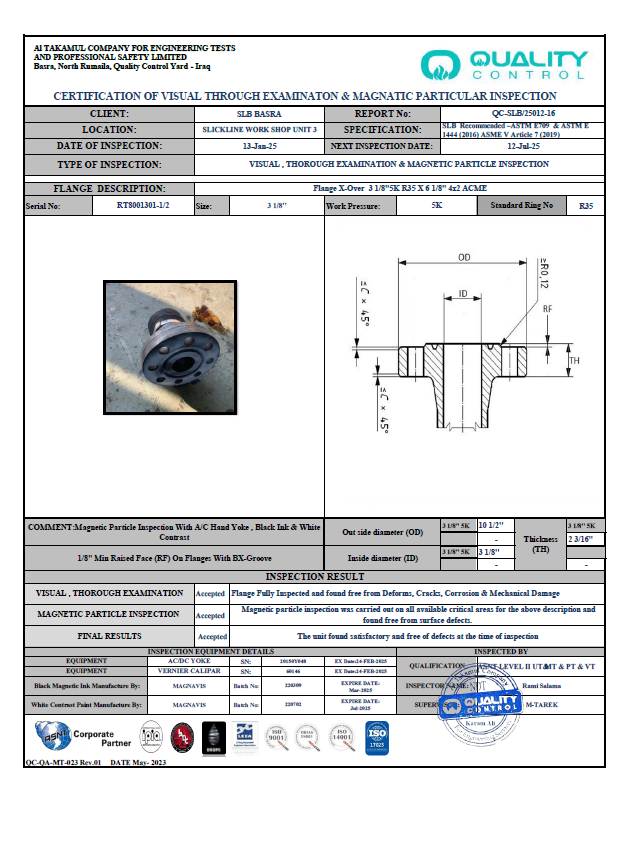 SLB BASRA SLICKLINE CERTIFICATE NO QC-SLB-25012-16 DATE OF INSPECTION ...