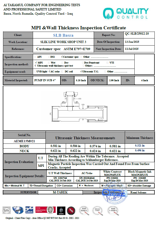 SLB BASRA SLICKLINE CERTIFICATE NO QC-SLB-25012-10 DATE OF INSPECTION ...